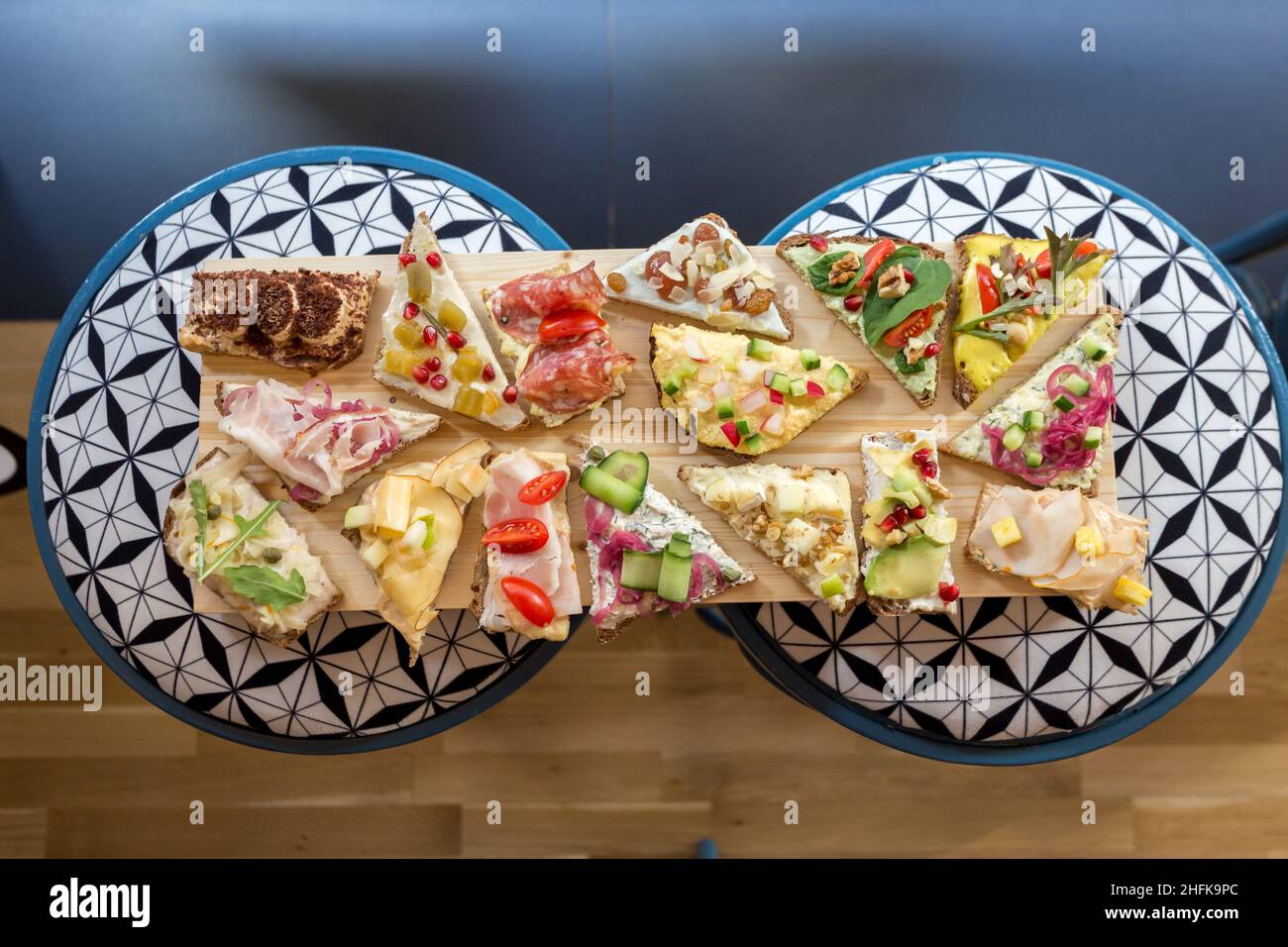 Plate with Scandinavian style open-faced colorful sandwiches Stock ...
