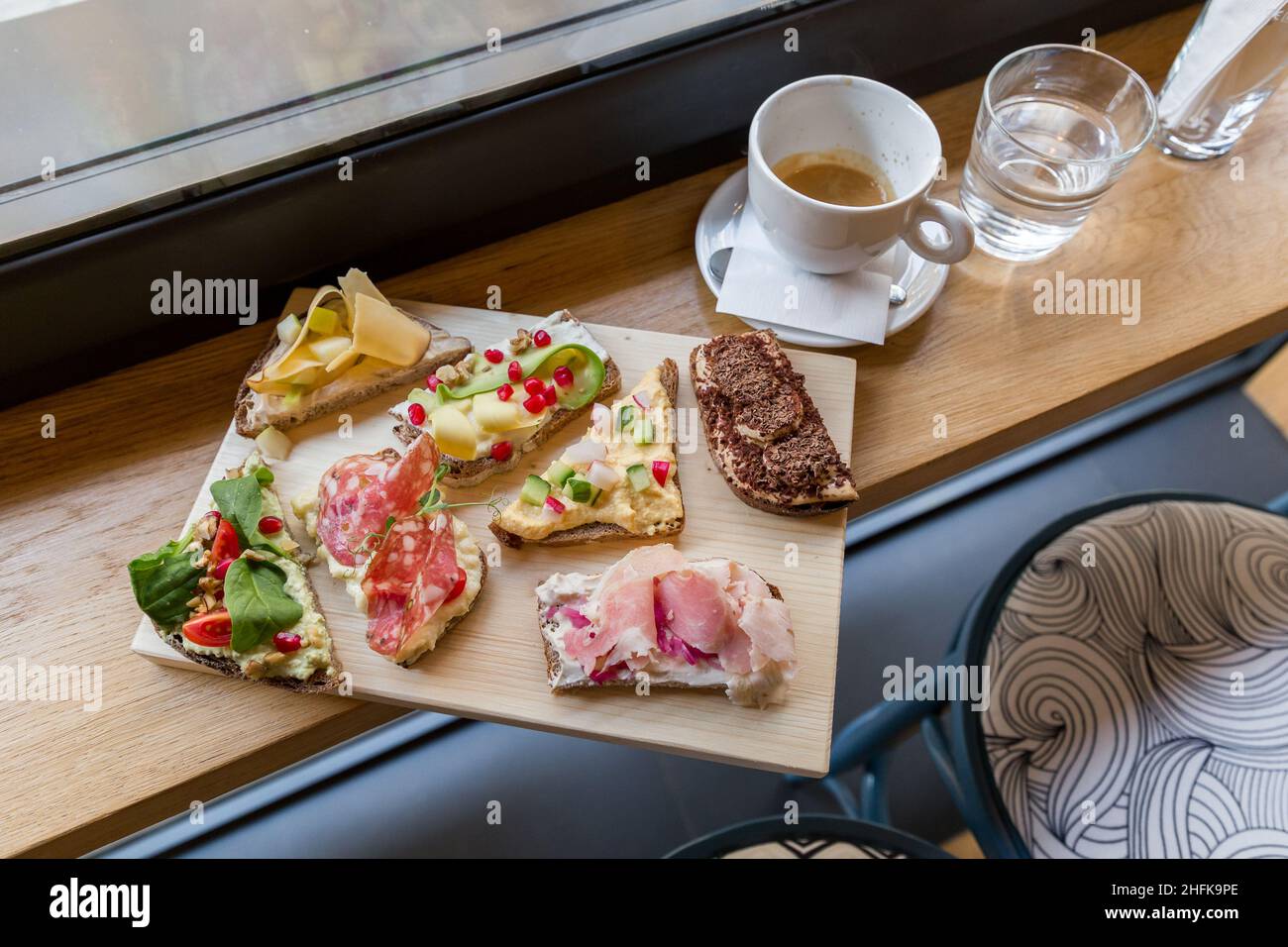 Plate with Scandinavian style open-faced colorful sandwiches Stock ...