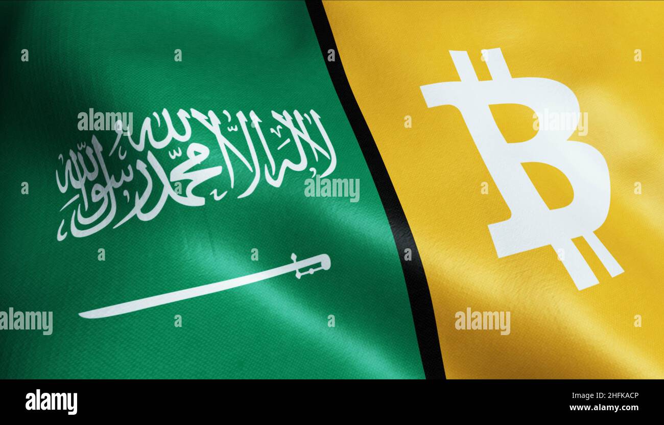 3D Illustration of waving Bitcoin and Saudi Arabia flag Stock Photo - Alamy