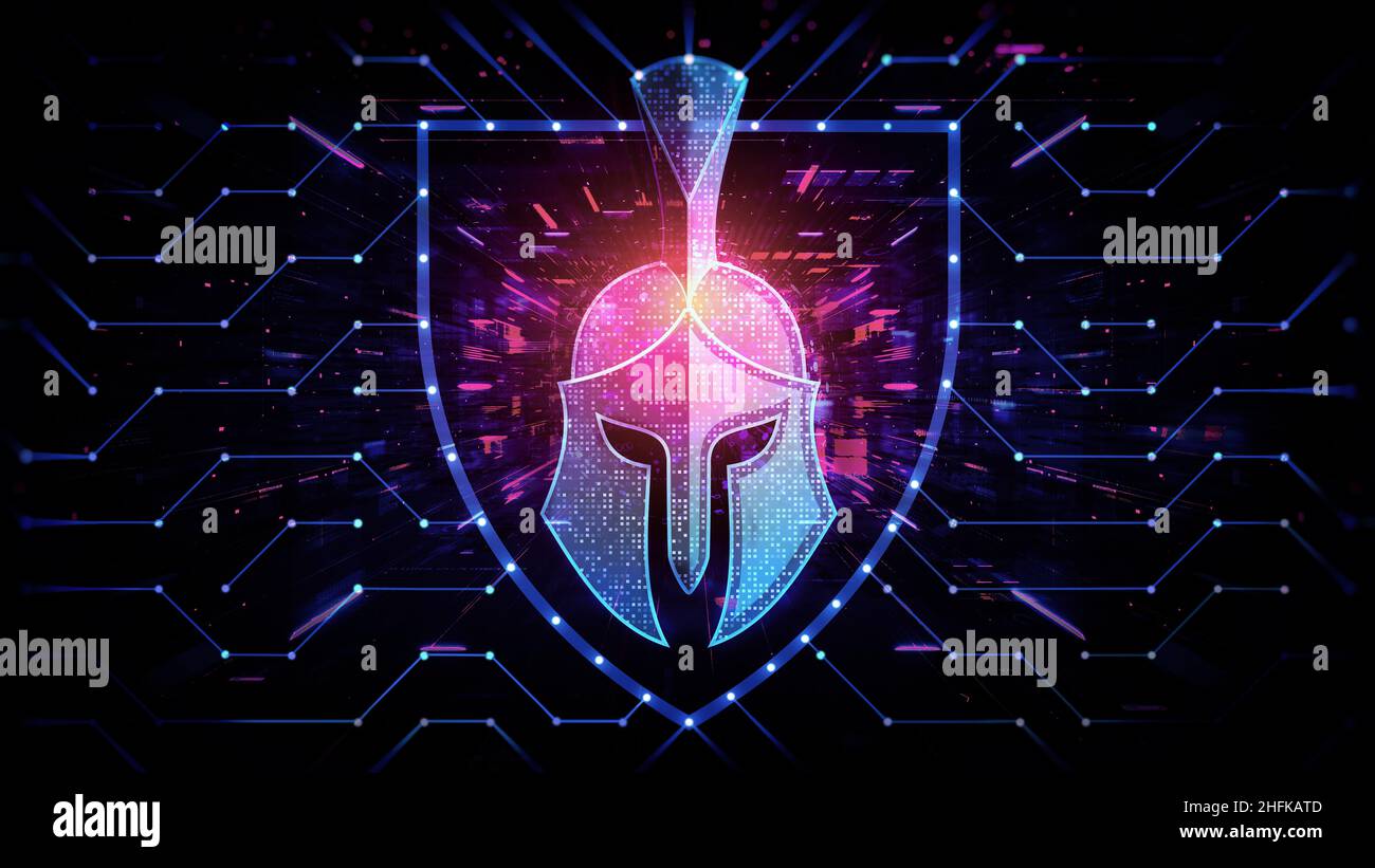 Spartan Helmet Surrounded by Digital Network on Dark Abstract ...