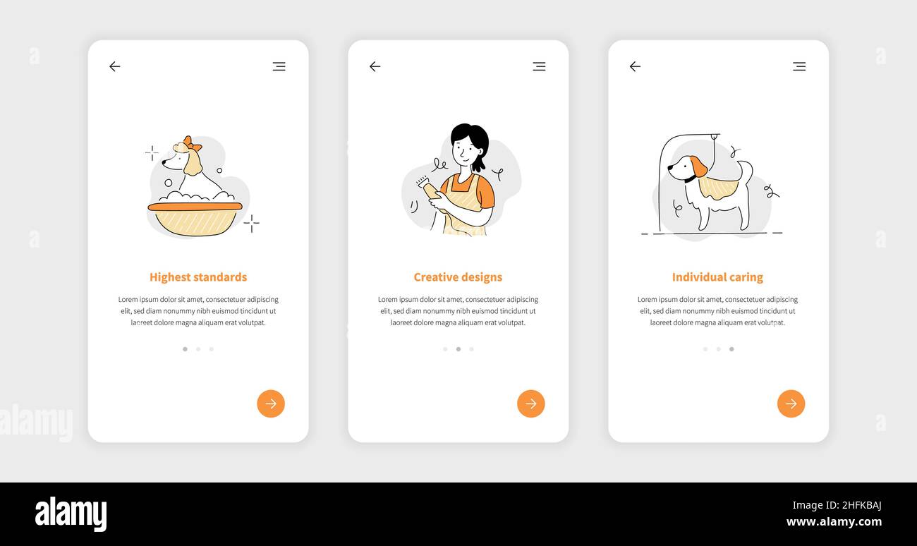 Pet grooming salon icon set for mobile app, site template. Cute dog ...