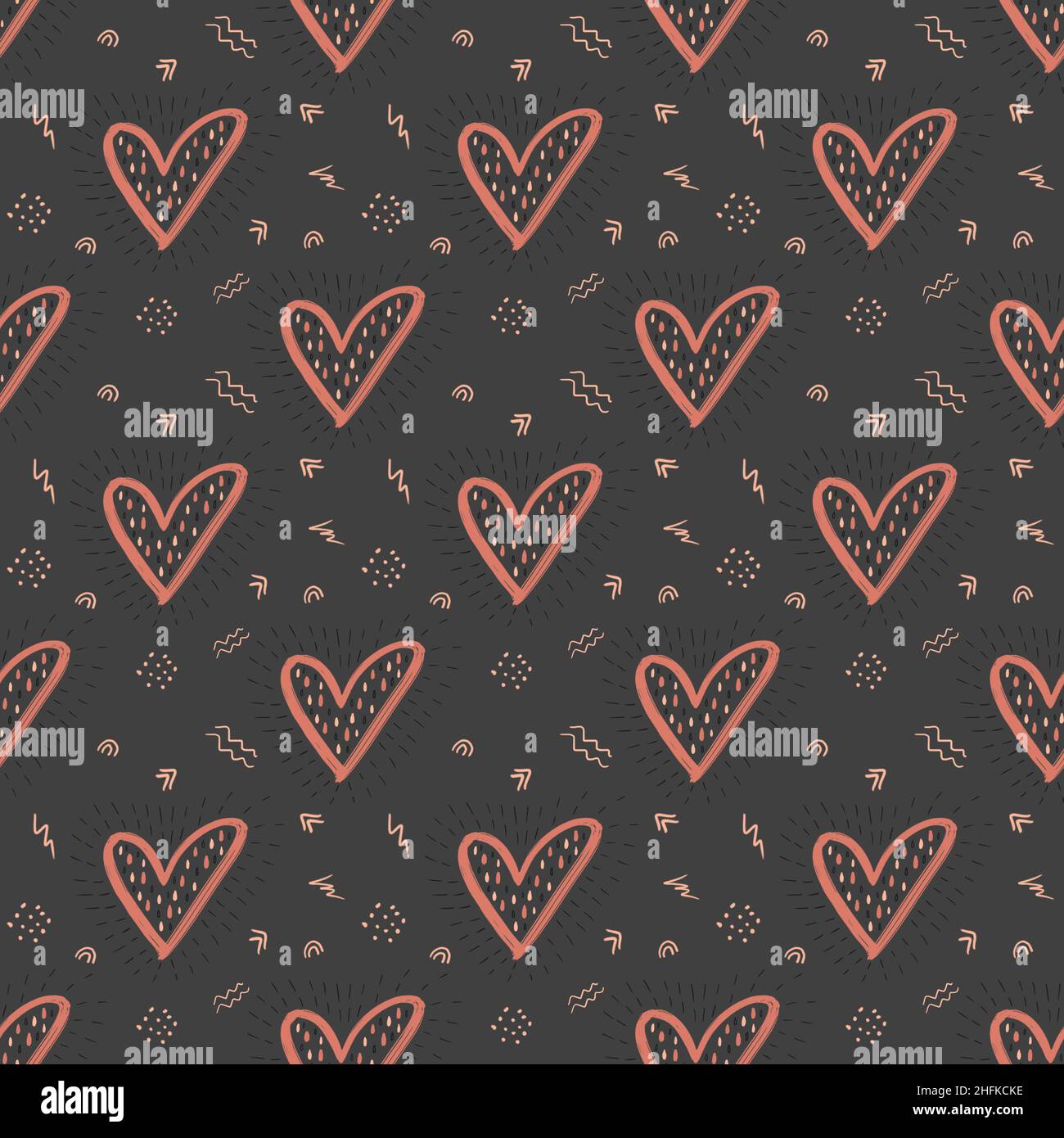 Hand drawn seamless pattern for Valentines Day on dark background. Can ...
