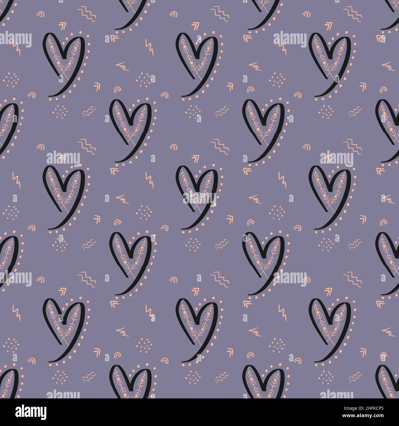 Hand drawn seamless pattern for Valentines Day on violet background ...