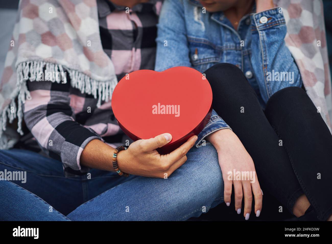 Young nice couple having fun on camping with heart shape Stock Photo ...