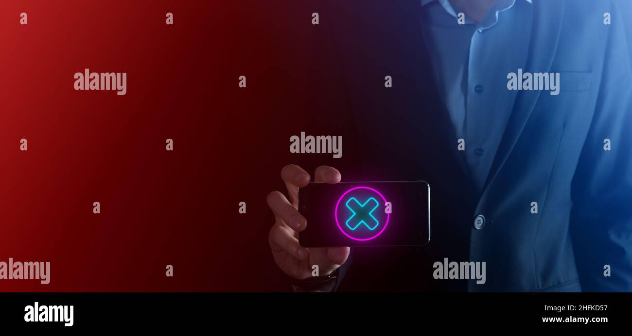 Hand holds icon,cancellation symbol,cancel icon.Cross mark flat red icon.round X mark.cancel ...