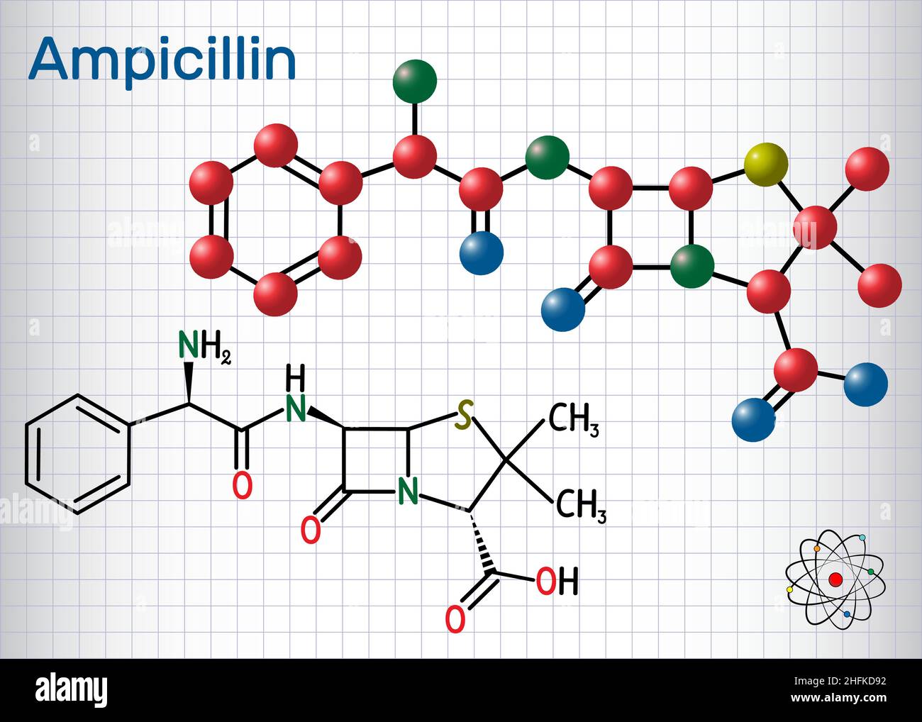 Ampicillin drug molecule. It is beta-lactam antibiotic. Sheet of paper ...