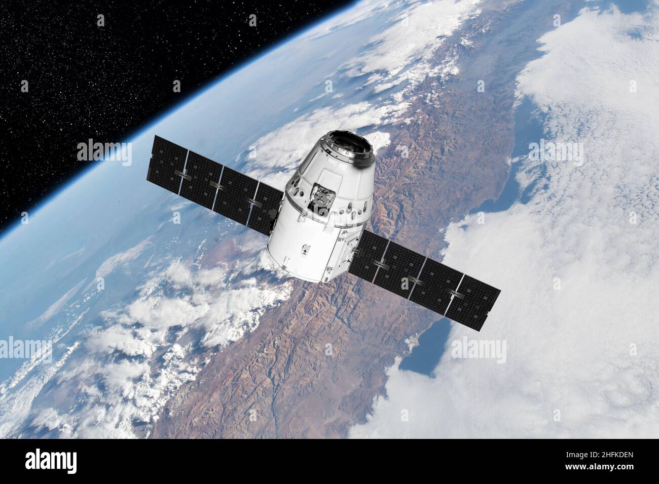 Cargo space craft Earth planet.Dark background. Sci-fi wallpaper.Space ...