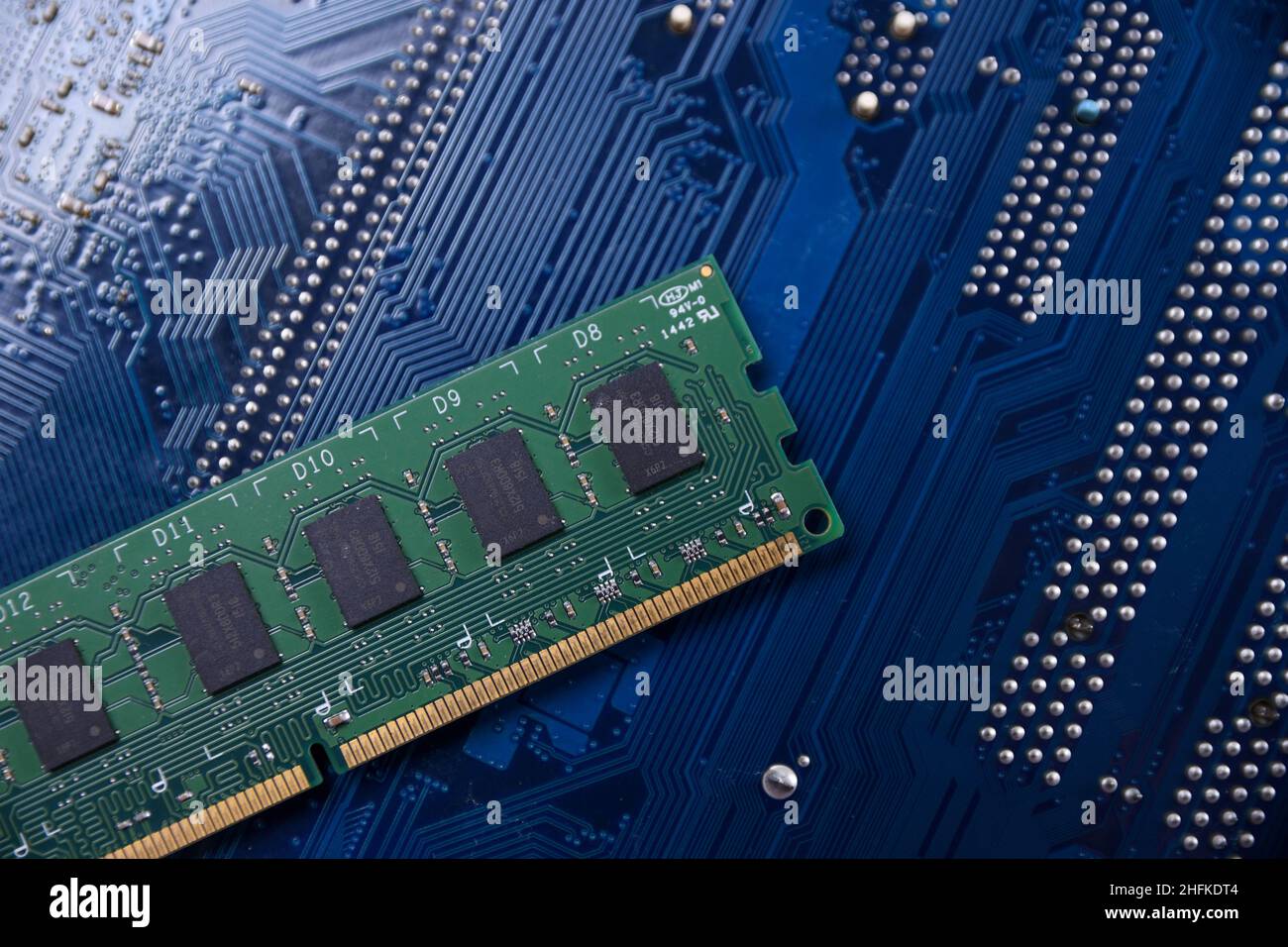 Computer RAM on motherboard background . Close up. Computer components ...