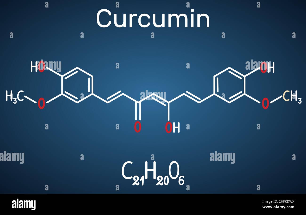Curcumin molecule. Structural chemical formula on the dark blue ...