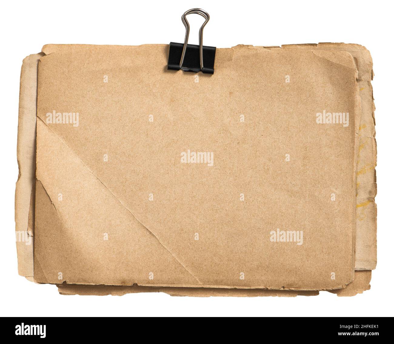 Old used paper sheets with metal clip isolated on white background ...