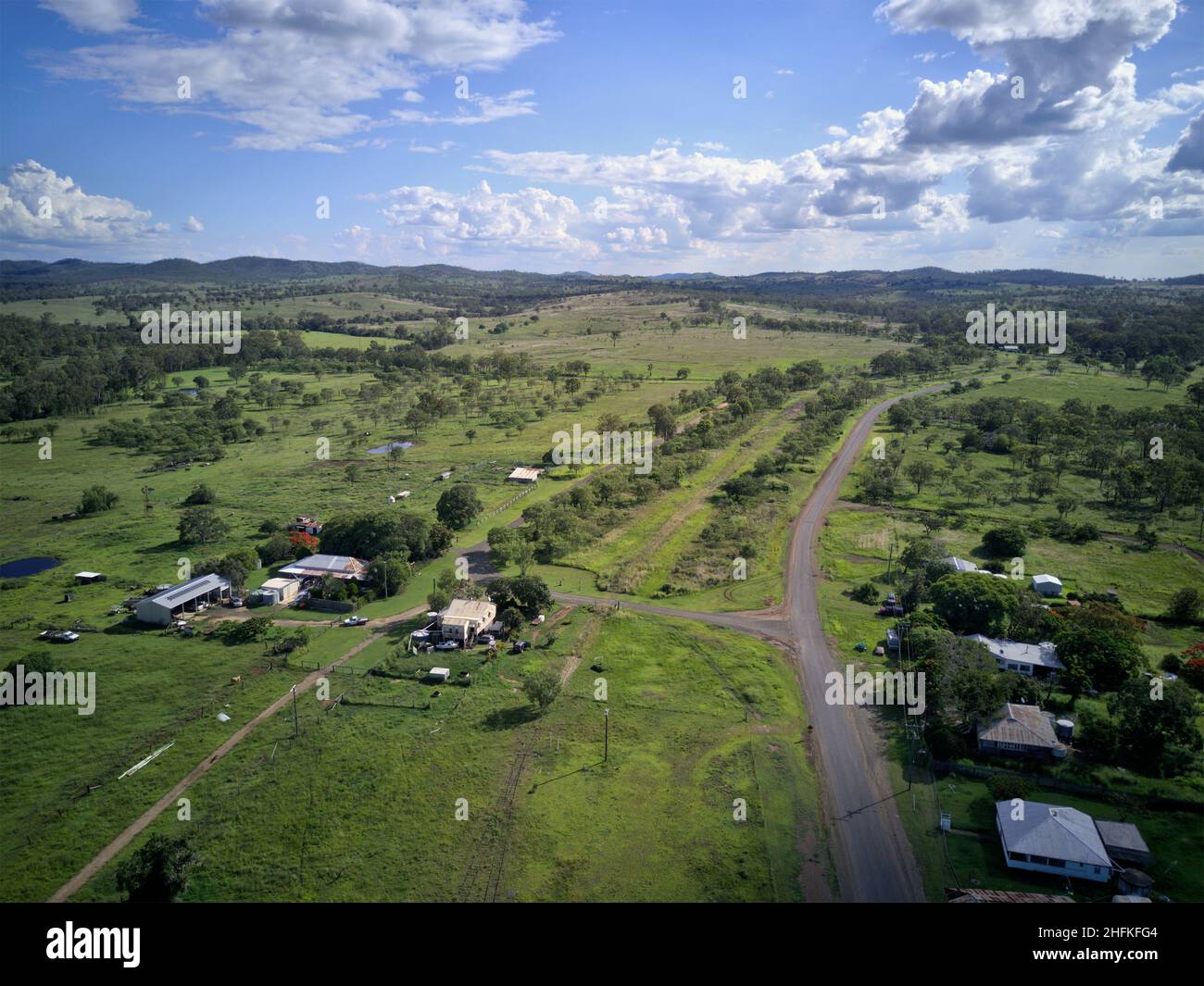 Aerial of the former railway village of Didcot near Biggenden ...