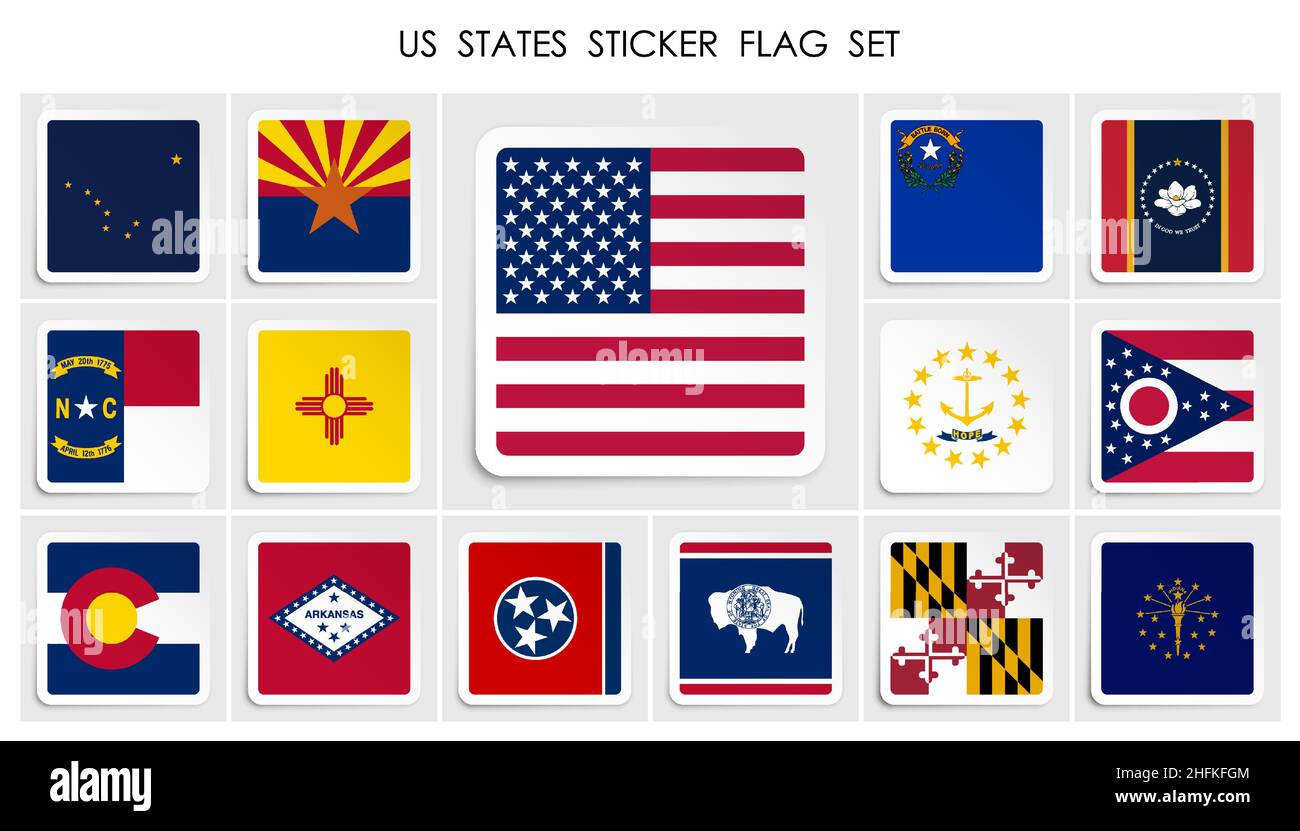 set of American states flags icon on paper square sticker with shadow ...
