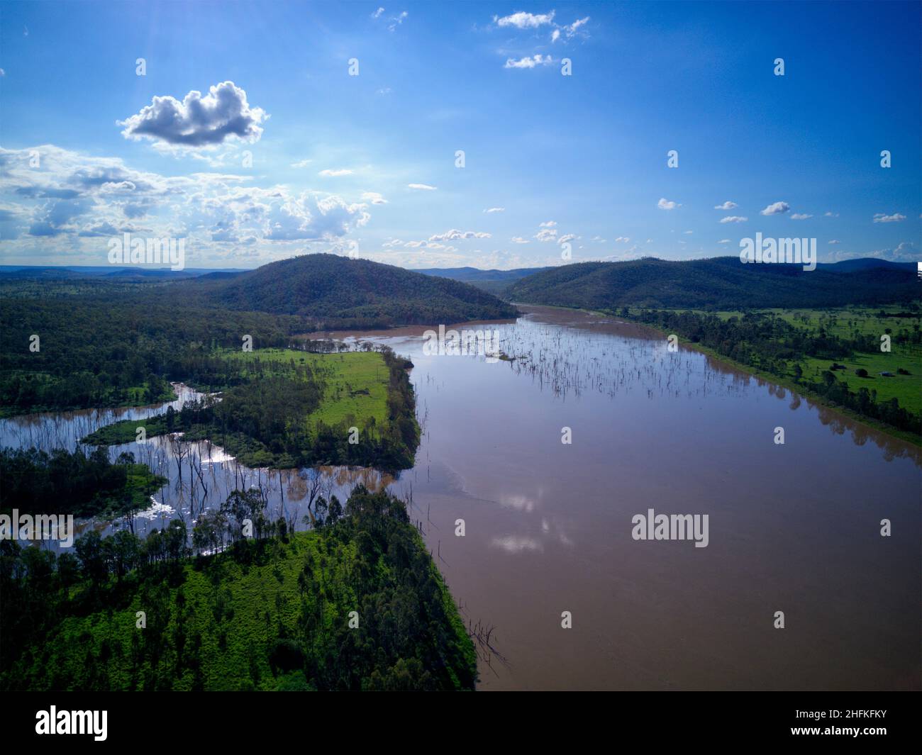 Aerial of the Burnett River - Paradise dam at Mingo Crossing Queensland ...