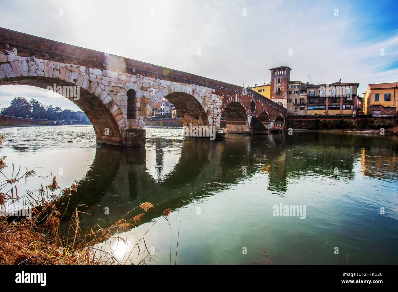 Picturesque Roman arch bridge built in 100 BC. e. e. and restored after ...