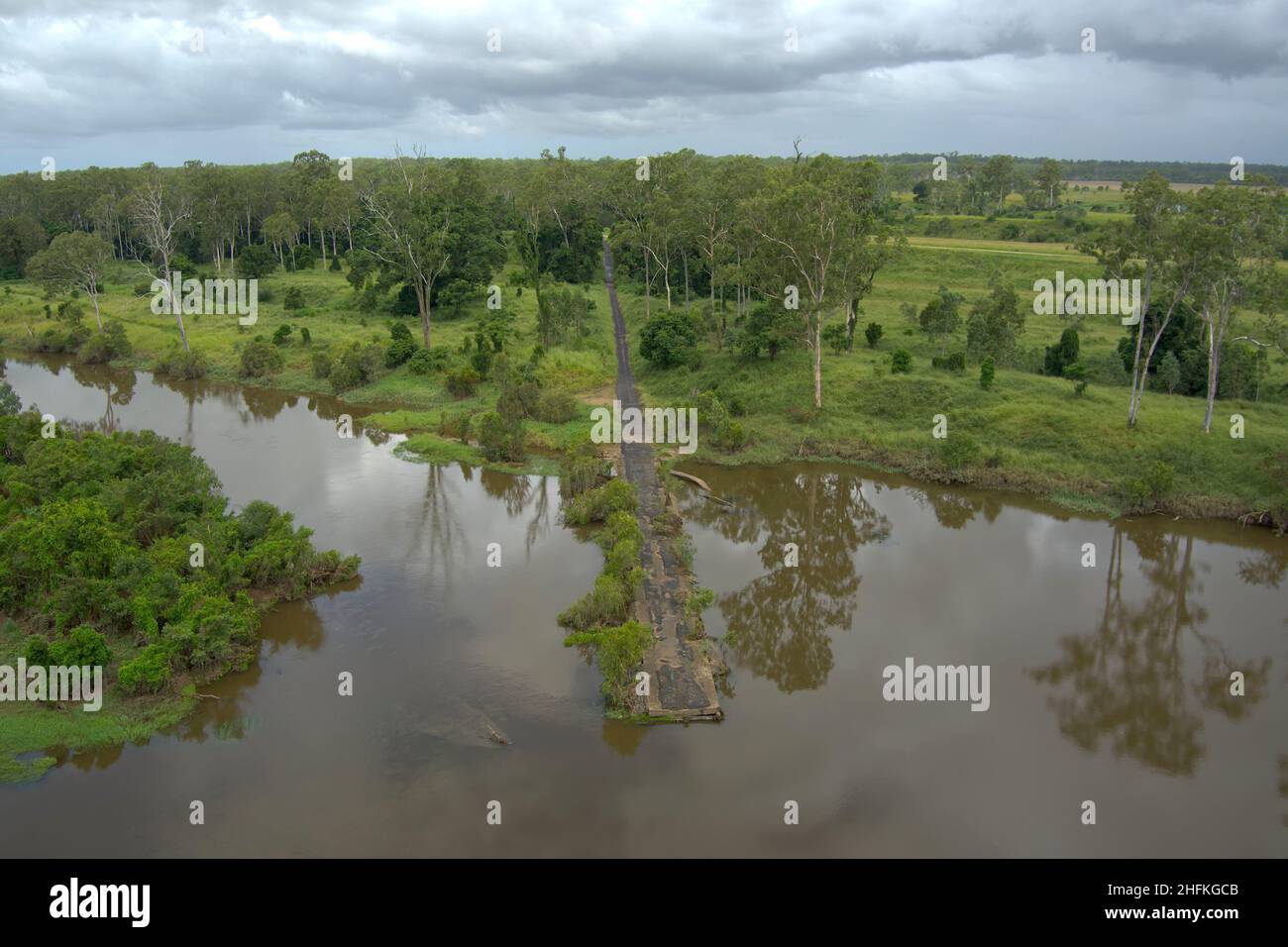 Aerial of the Kolan River at Smiths Crossing near Bundaberg Queensland ...