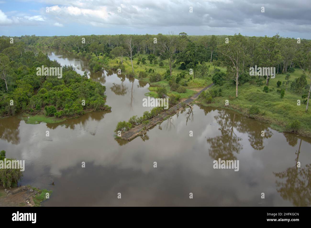 Aerial of the Kolan River at Smiths Crossing near Bundaberg Queensland ...