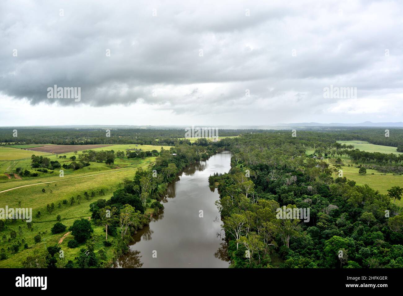 Aerial of the Kolan River at Smiths Crossing near Bundaberg Queensland ...