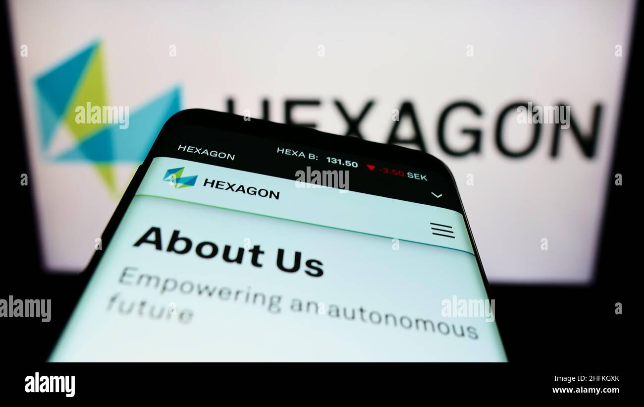 Mobile phone with website of Swedish software company Hexagon AB on ...