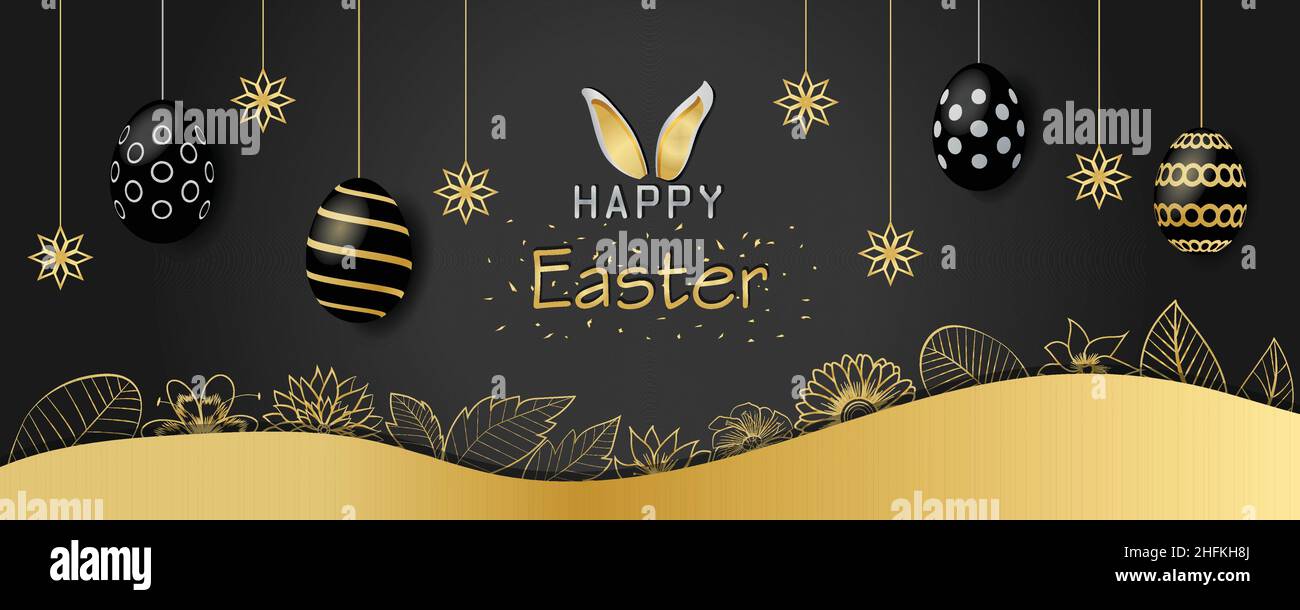 Happy Easter Spring theme poster banner with hanging Easter eggs and ...