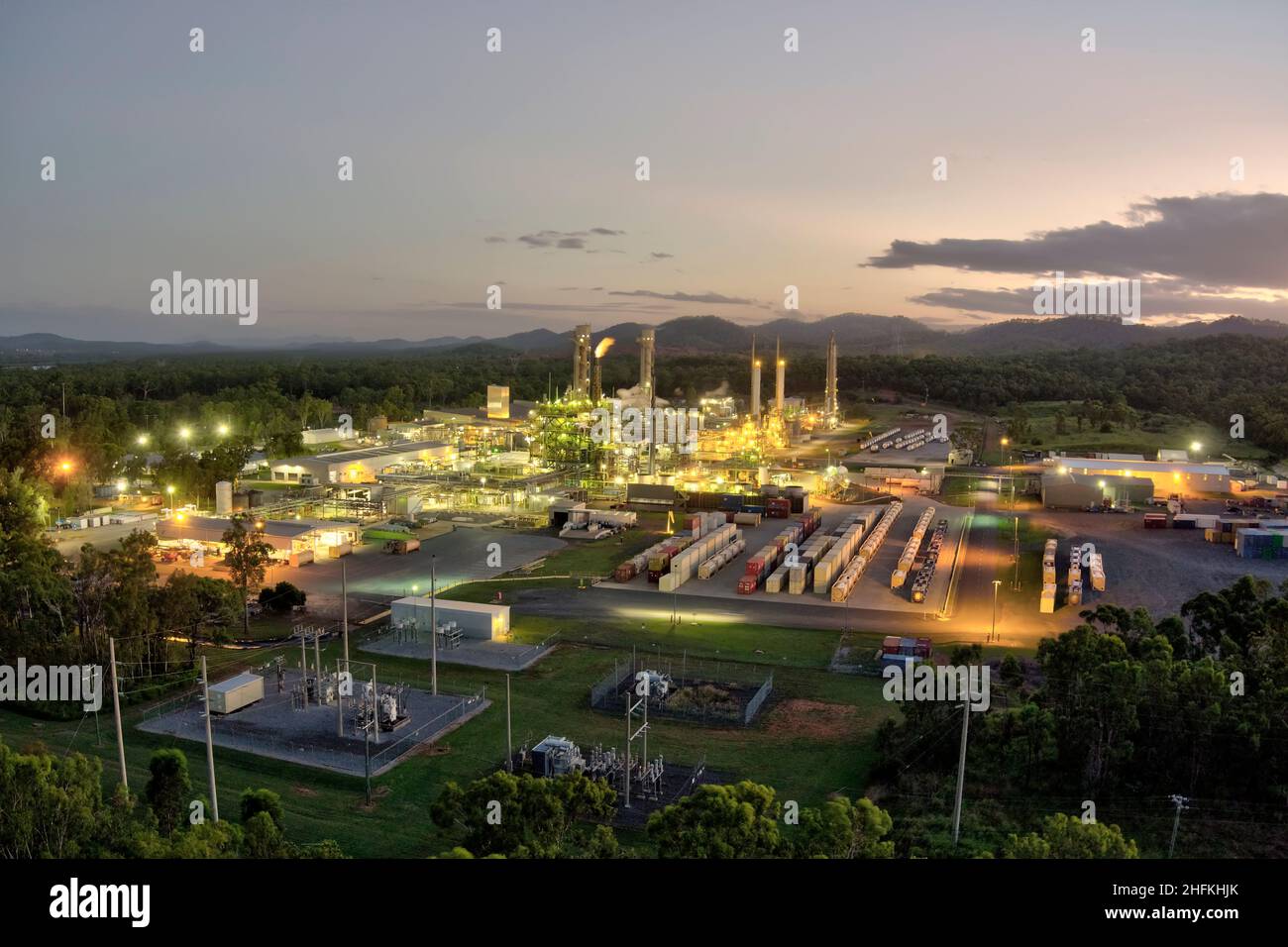 Aerial at sunset of Orica Chemical Plant at Yarwun Gladstone Queensland ...