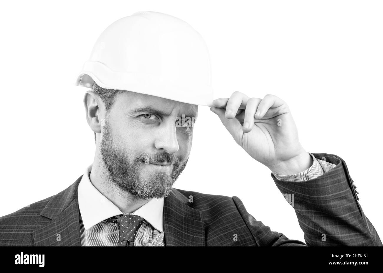 successful man with greeting gesture. entrepreneur in protective helmet ...