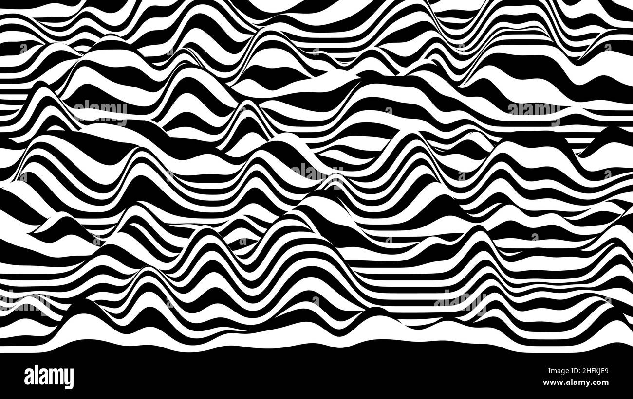 Trendy 3D black and white stripes distorted backdrop. Procedural ripple ...