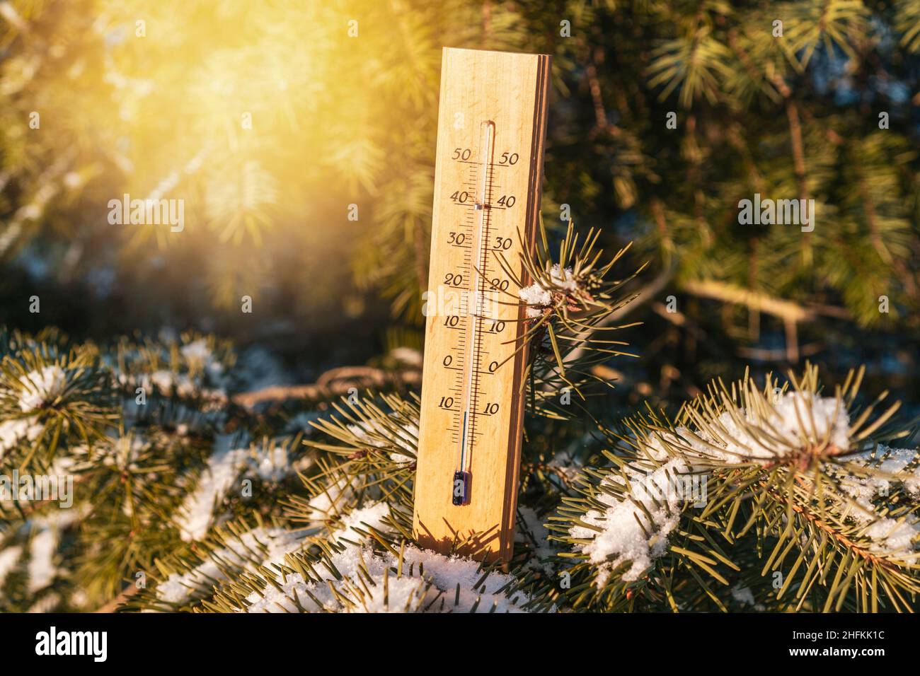 Outdoor thermometer reaches minus 10 ten degrees. Winter background ...