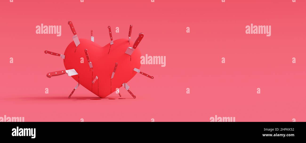 Heart stabbed with knives. Broken heart concept on pink background 3d ...