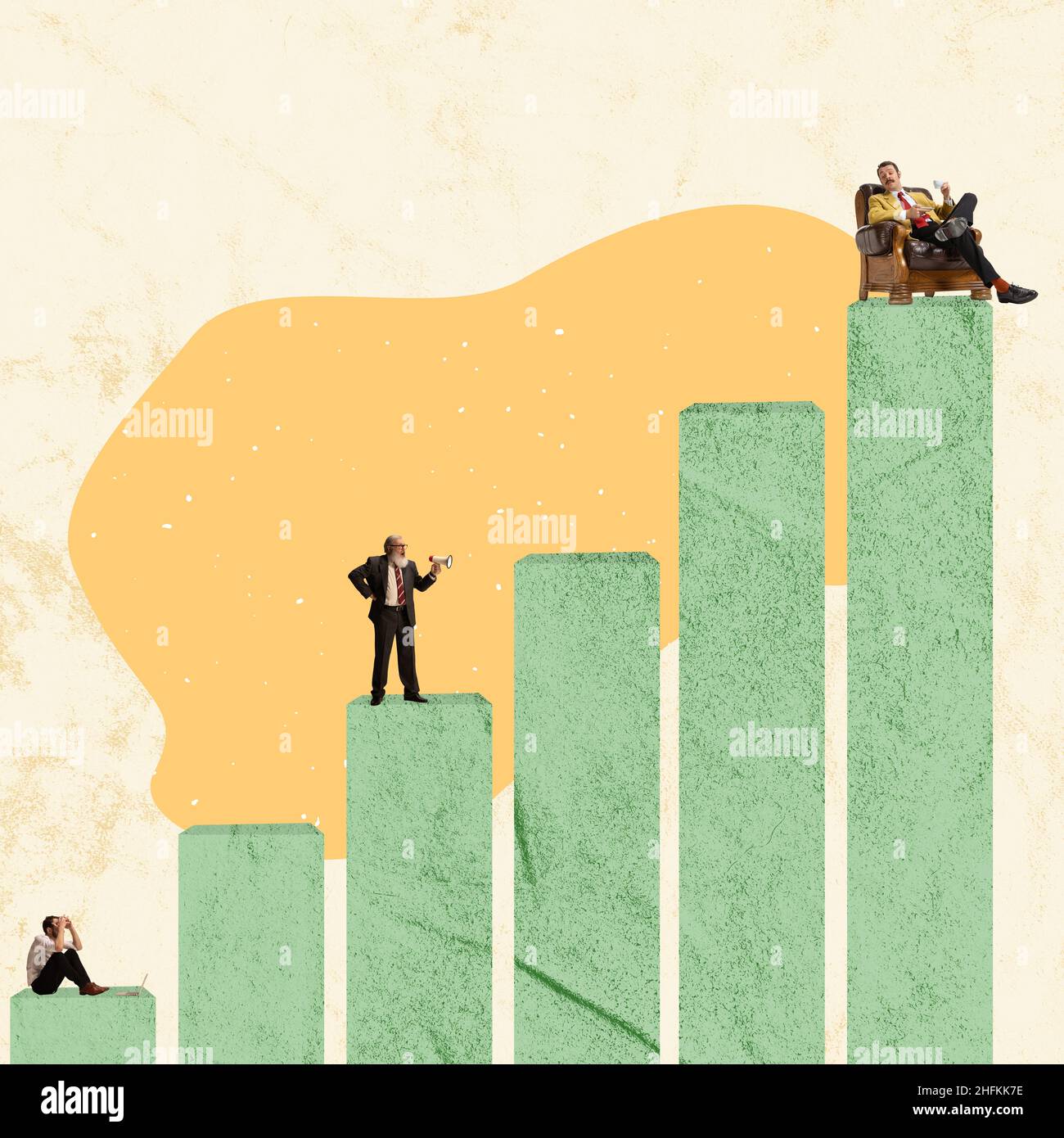 Contemporary art collage. Three employees standing on different ...