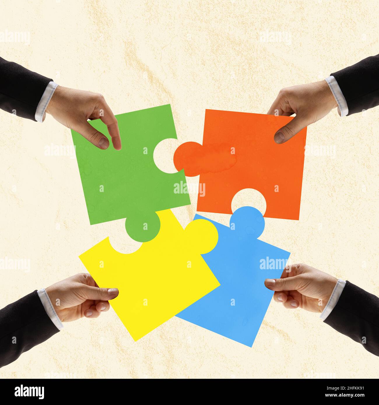 Contemporary art collage. Creative design. Employees hands putting ...