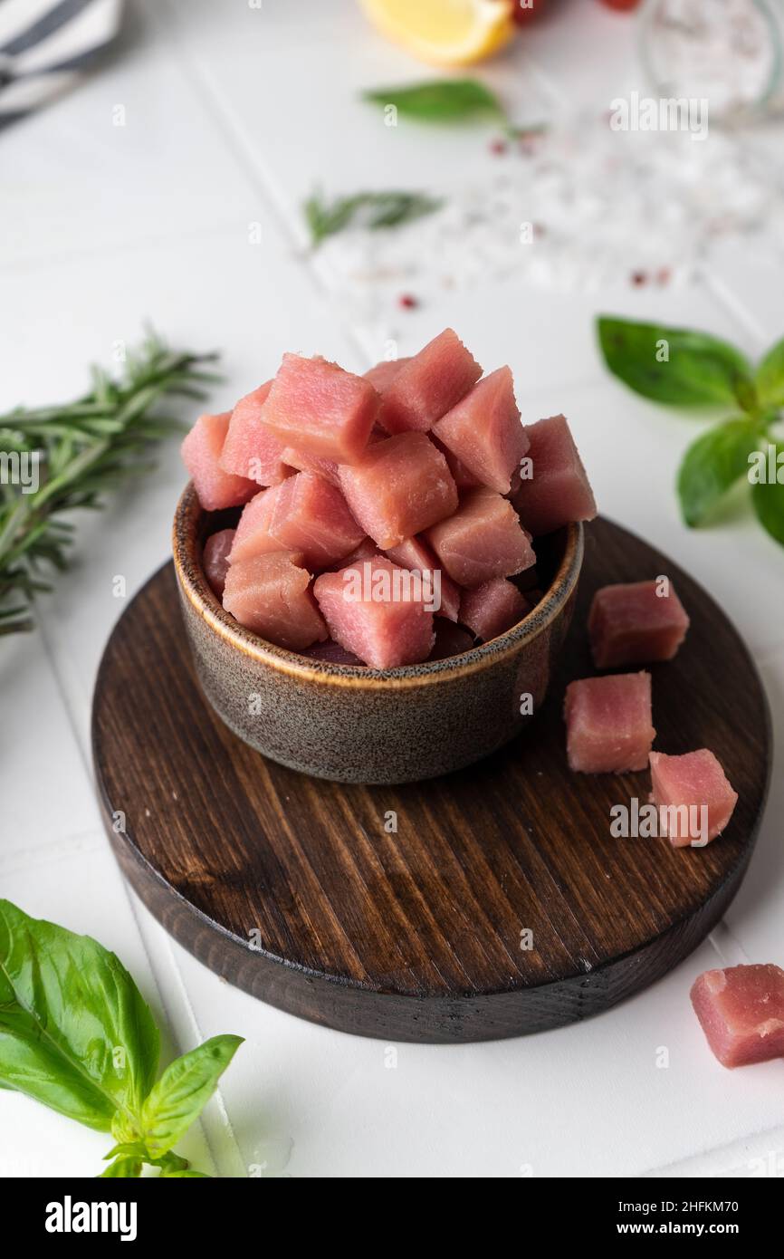 raw tuna fillet cut into cubes . marine predatory fish, family of ...