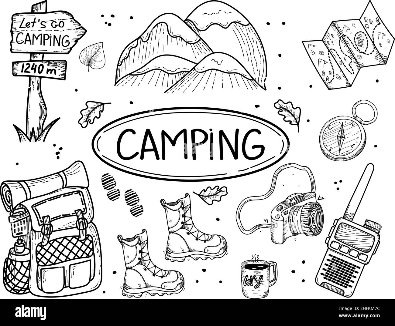 A set of hand-drawn doodle-style elements. Hand-drawn lettering. Vector ...