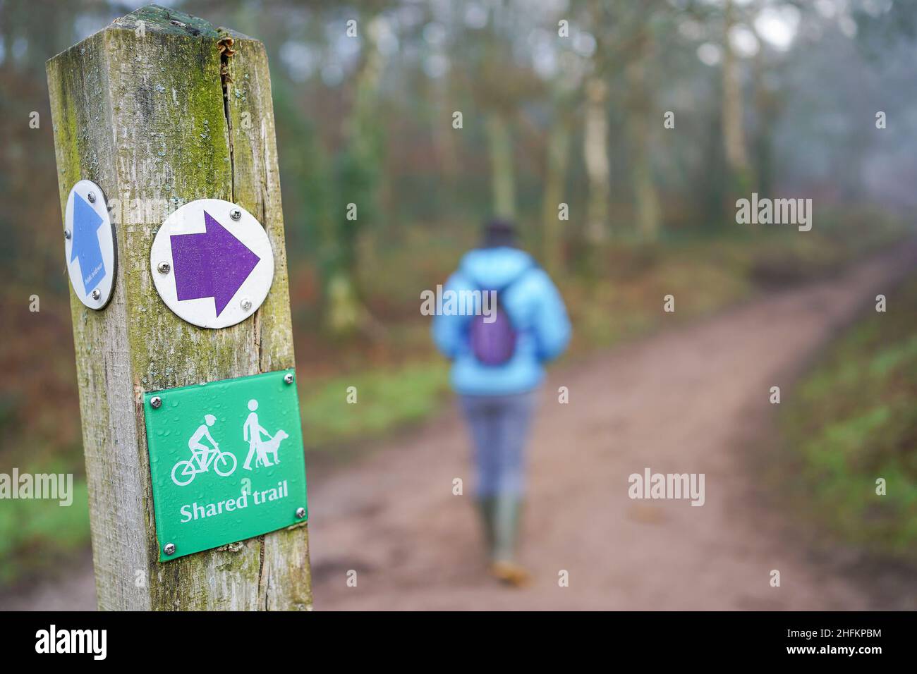 shared trail sign on a post with a walker on a trail in the background ...