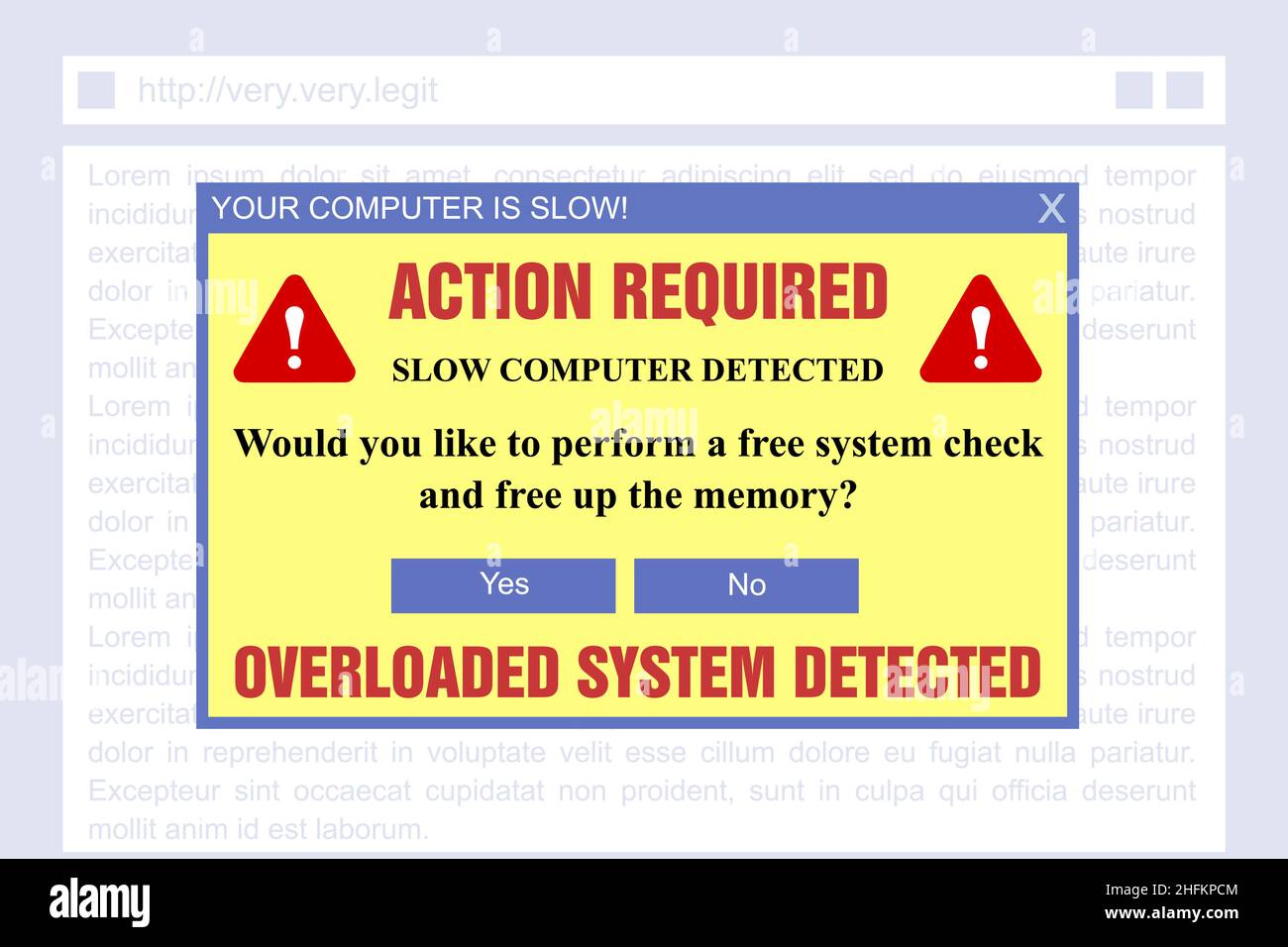 Internet scam. Phishing attempt - fake slow computer system check popup ...