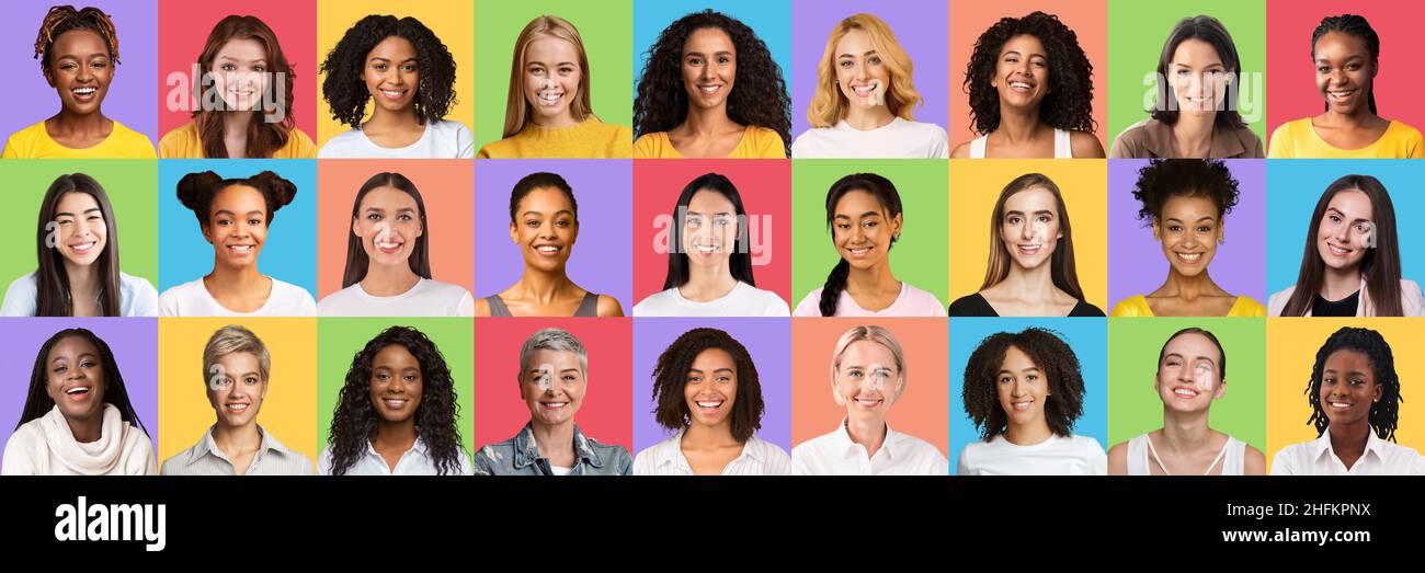 Beautiful multiracial young women smiling on colorful backgrounds, set ...