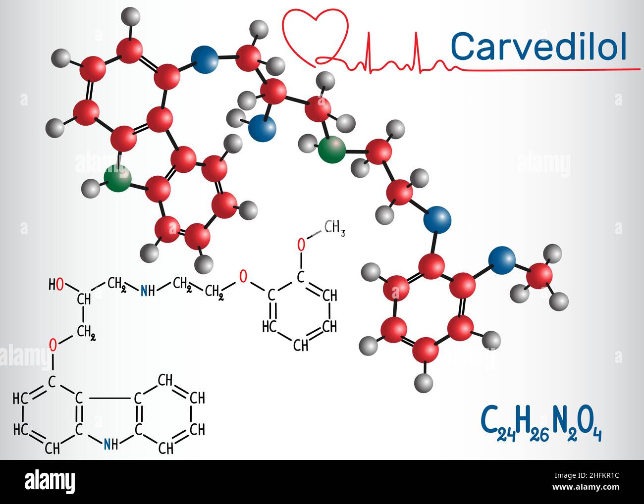 Carvedilol molecule - structural chemical formula and model. Drug used ...