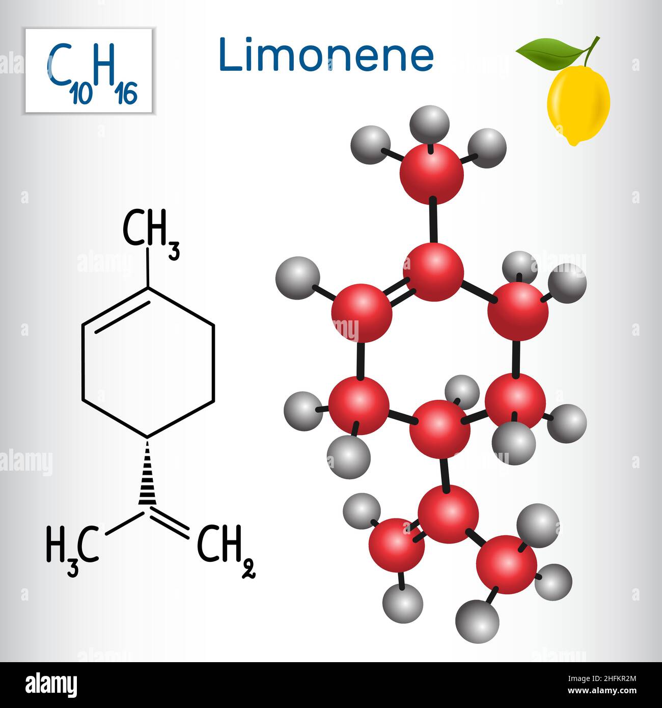 Limonene molecule - structural chemical formula and model. Cosmetic ...