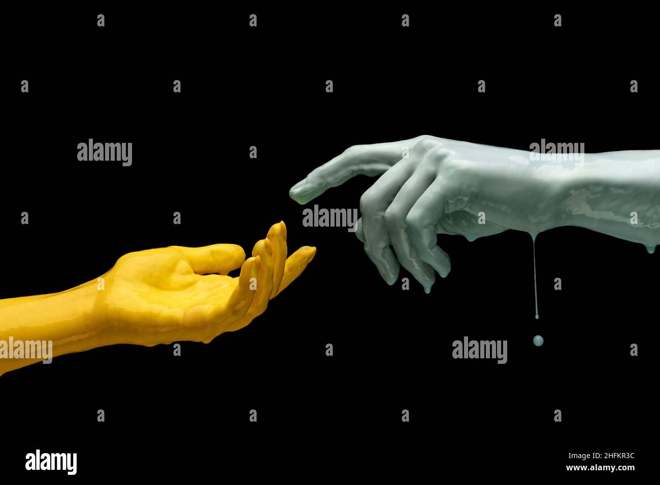 Two painted hands trying to touch each other isolated on dark ...