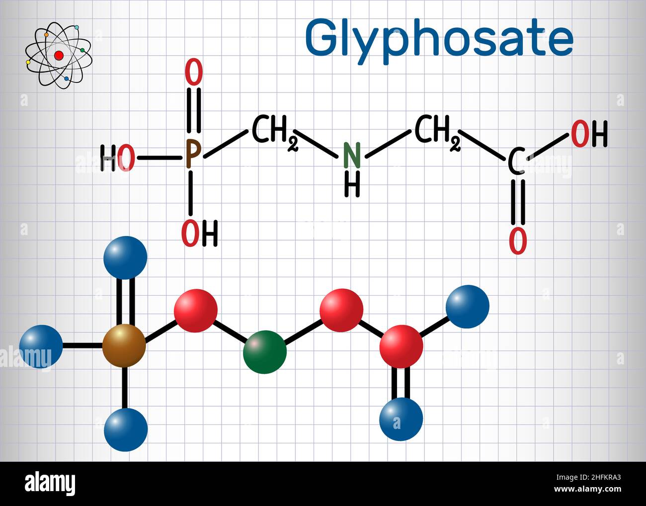 Glyphosate molecule. It is a broad-spectrum systemic herbicide. Sheet ...