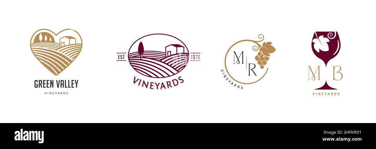 Wine, vineyard, organic natural winery logo collection. Vineyard field ...