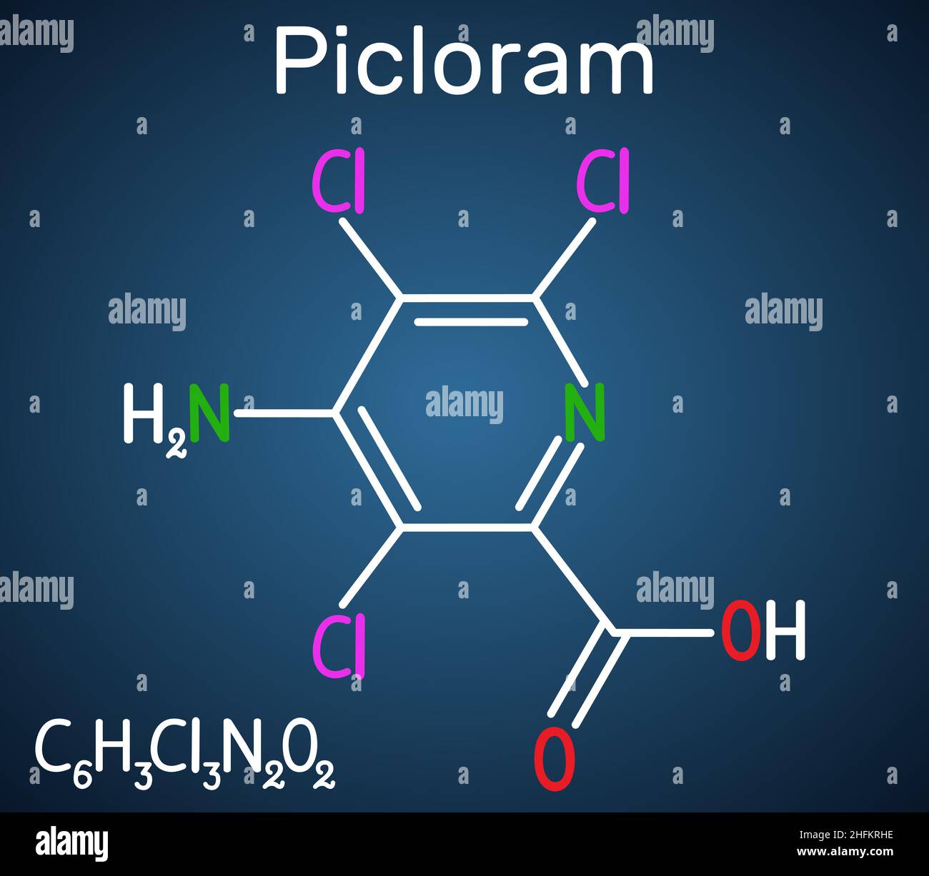 Picloram molecule. Structural chemical formula on the dark blue ...