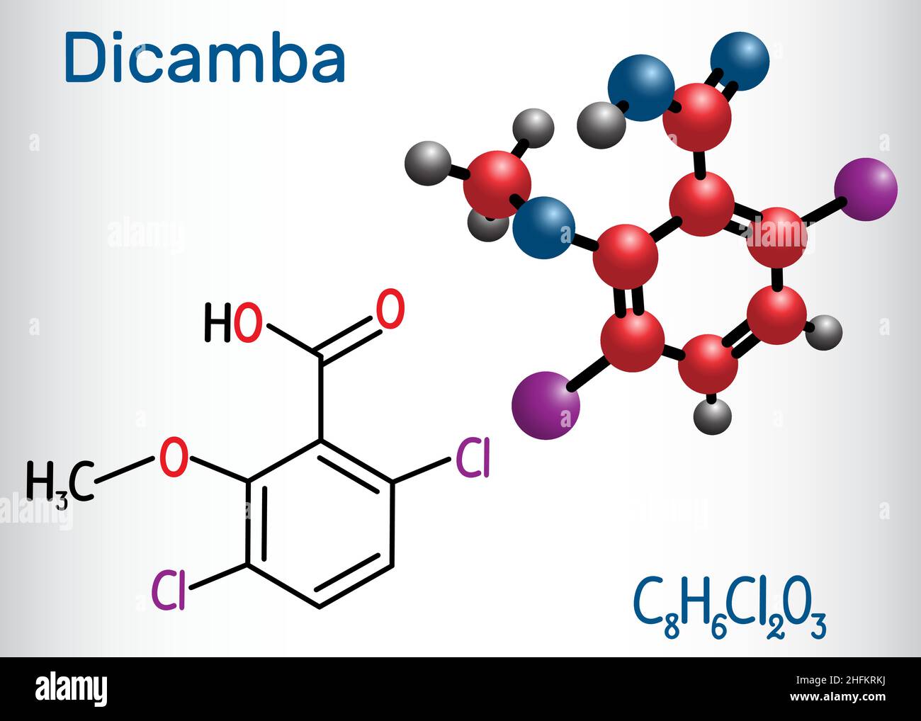 Dicamba molecule. Structural chemical formula and molecule model ...