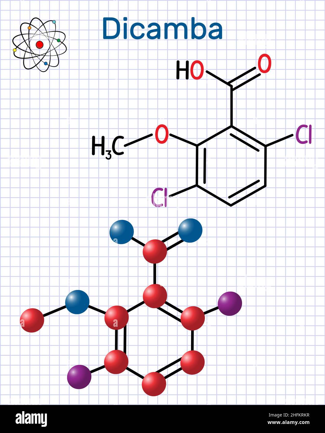Dicamba molecule. Structural chemical formula and molecule model. Sheet ...