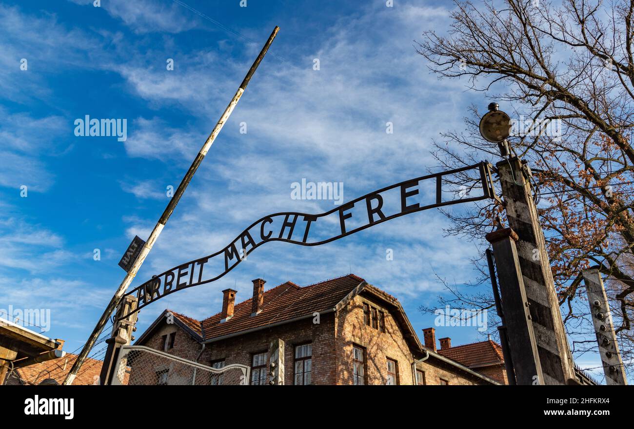 A picture of the gate sign at the Memorial and Museum Auschwitz I Stock ...