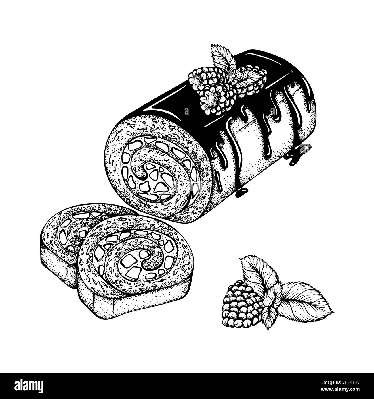 Black Engraved Sweet Cake Roll with Mint Graphic Isolated Illustration ...