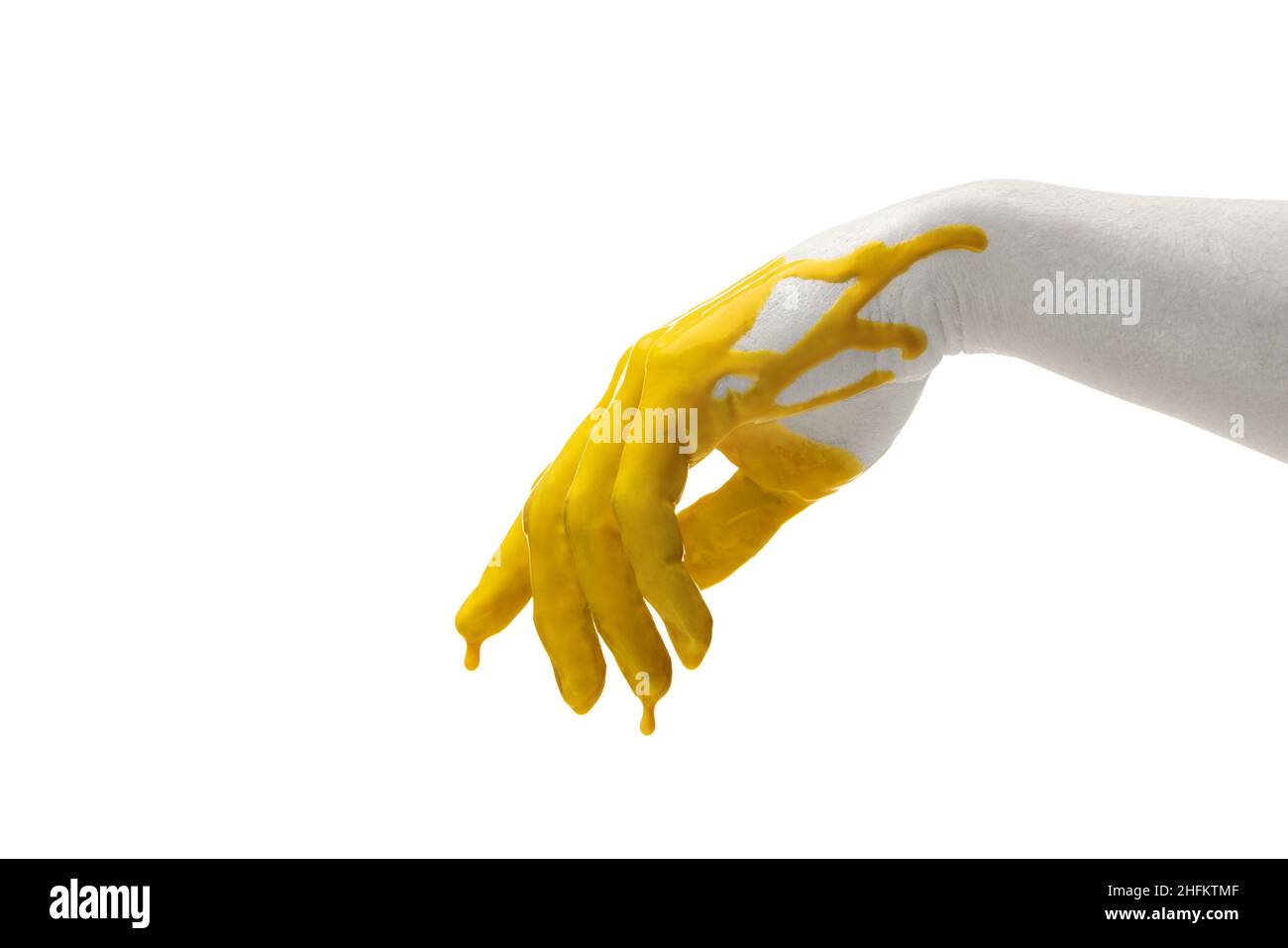 One painted human hand gesturing isolated on white studio background ...
