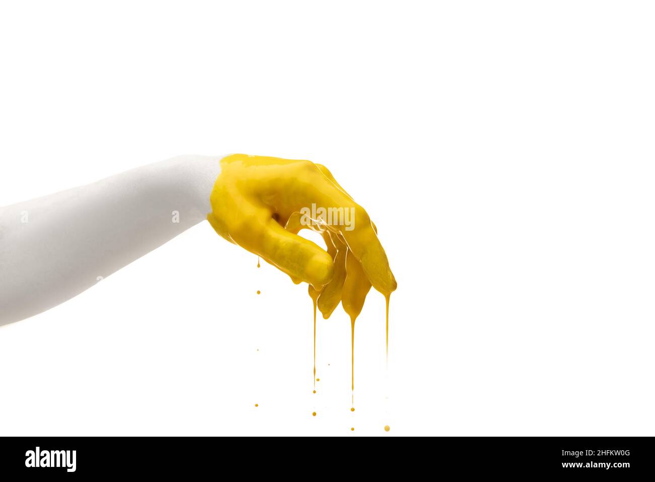 One painted human hand gesturing isolated on white studio background ...