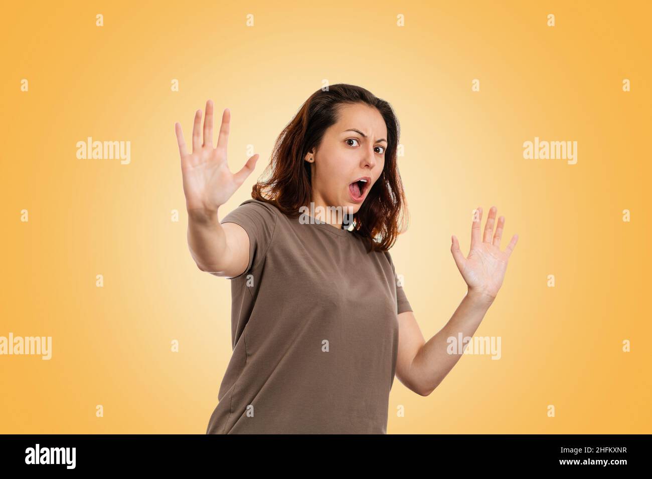 Emotions. Portrait of frightened young caucasian woman stressful ...