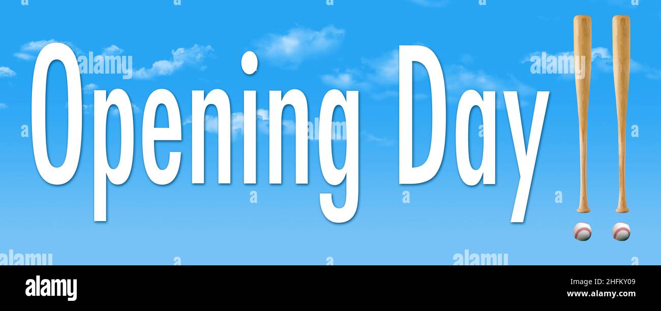 The words “Opening Day!!” are seen with baseballs and bats forming the ...