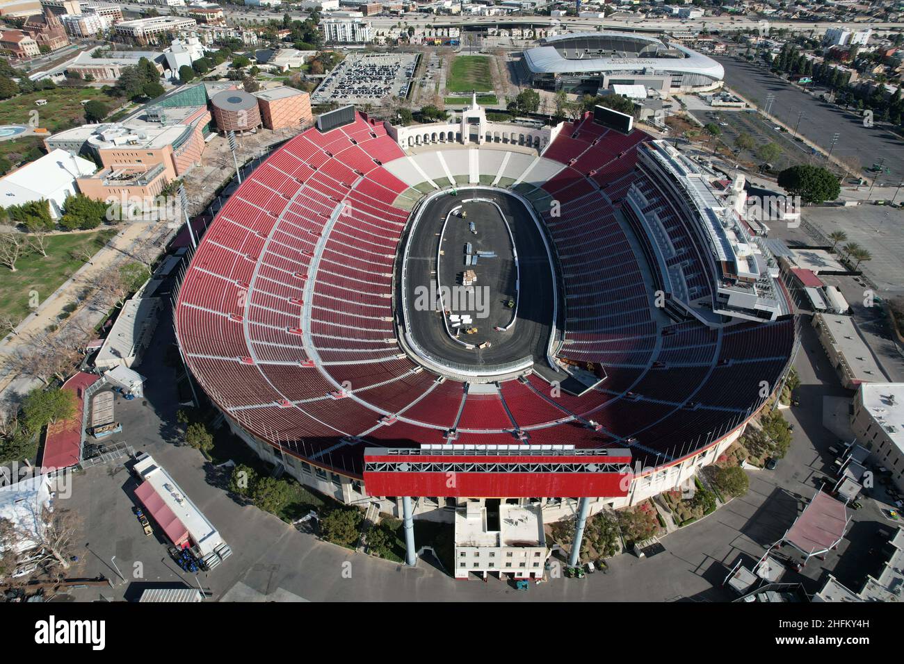 An aerial view of the construction of a temporary asphalt racetrack at ...